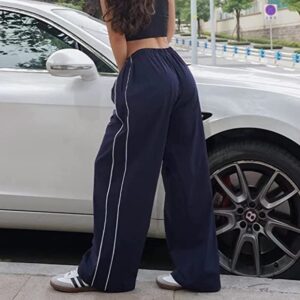 MANGMAO Womens Y2k Track Pants Y2k Clothing Parachute Pants High Waisted Cargo Pants with Pockets Trendy Baggy Sweatpants (Navy,S,Small)