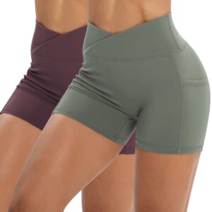 workout shorts for women 2 pcs pack cross waist active gym spandex stretchy yoga compression with side pockets burgundy+olive-m