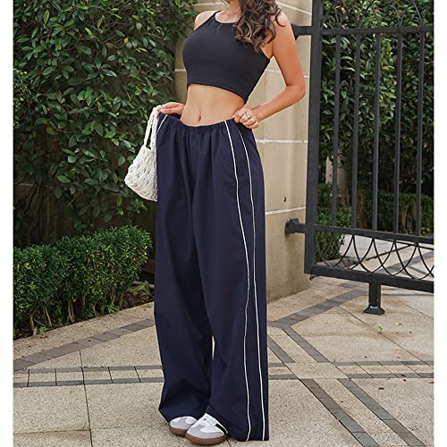 MANGMAO Womens Y2k Track Pants Y2k Clothing Parachute Pants High Waisted Cargo Pants with Pockets Trendy Baggy Sweatpants (Navy,S,Small)