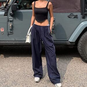 MANGMAO Womens Y2k Track Pants Y2k Clothing Parachute Pants High Waisted Cargo Pants with Pockets Trendy Baggy Sweatpants (Navy,S,Small)