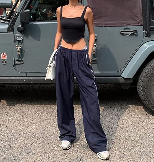 MANGMAO Womens Y2k Track Pants Y2k Clothing Parachute Pants High Waisted Cargo Pants with Pockets Trendy Baggy Sweatpants (Navy,S,Small)