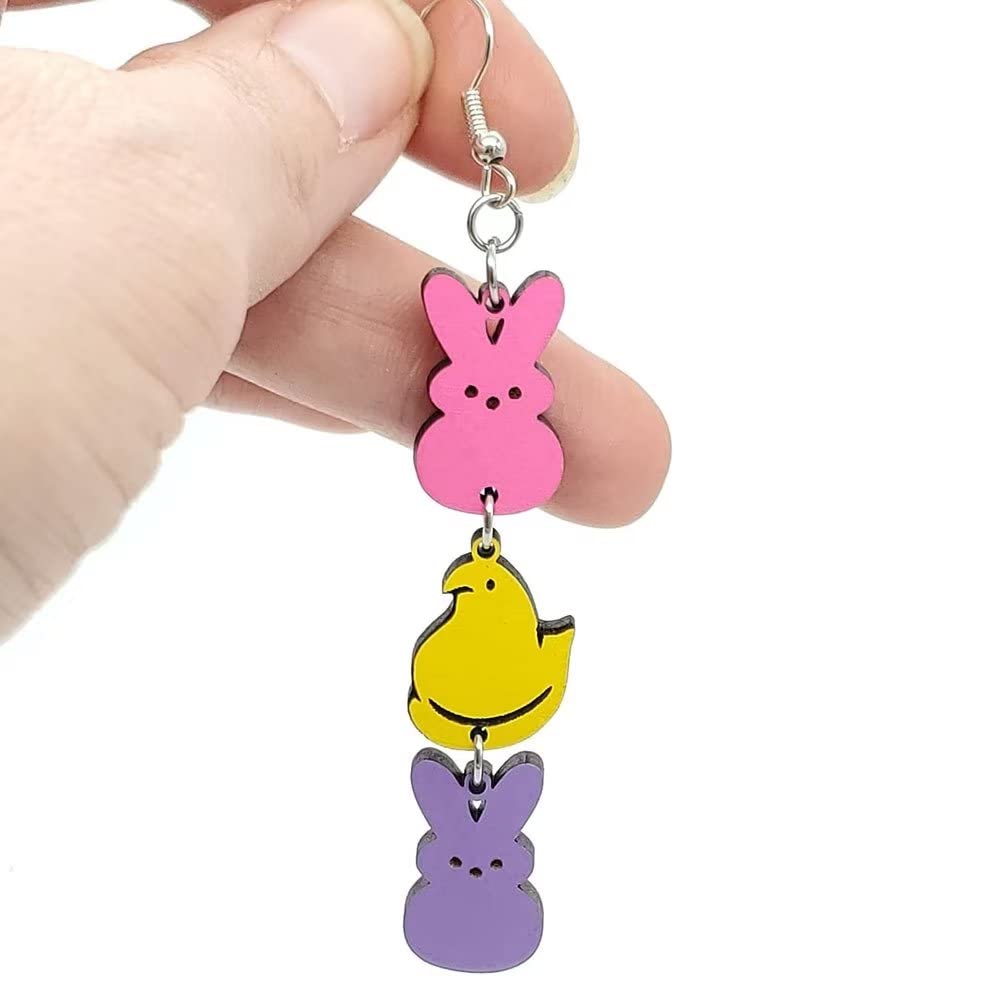 Easter Earrings Personalized Cute Bunny Chick Earrings Easter Gift Three-section Hanging Wooden Earrings For Women Holiday Stud Earrings