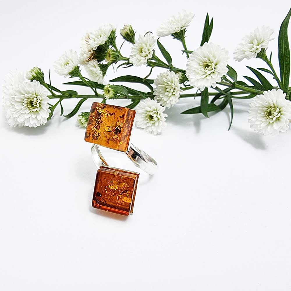 AMBER ALEX Cognac Amber Square Shape Adjustable Ring Sterling Silver, Genuine Baltic Amber.