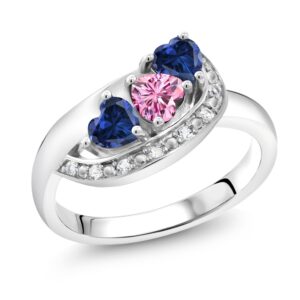 gem stone king 925 sterling silver pink moissanite and blue created sapphire and white created sapphire engagement ring for women (1.31 cttw, gemstone, heart shape 4mm, size 7)