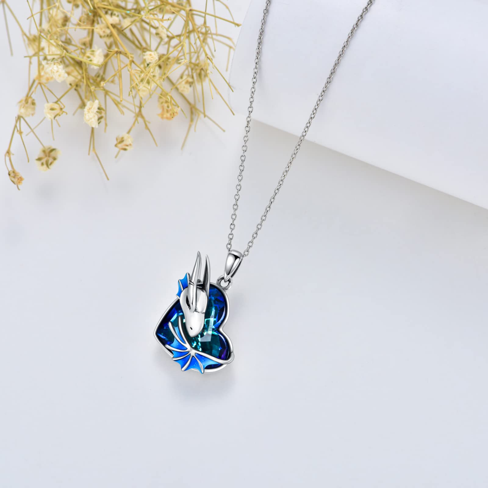 Plesitep Dragon Necklace Sterling Silver Wyvern Necklace with Blue Heart Crystal Jewelry Gift for Women