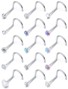 eakxnig opal 20g nose rings surgical steel nose studs top cz 1.5mm tiny nose studs screw nose ring stud heart nostril piercing jewelry for women men corkscrew nose rings