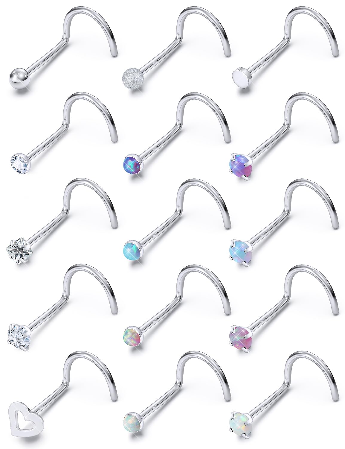 Eakxnig Opal 20G Nose Rings Surgical Steel Nose Studs Top CZ 1.5mm Tiny Nose Studs Screw Nose Ring Stud Heart Nostril Piercing Jewelry for Women Men Corkscrew Nose Rings