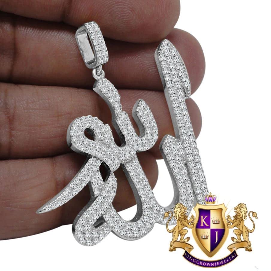 JewelBooth 17+ Grams Real Genuine Italian Sterling Silver 14K Gold Over 2.25 Cwt. Simulated Diamond Allah Muslim Islamic Arabic Pendant Charm 1.90'' (White Gold/White CZ)