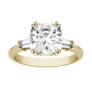 charles & colvard forever one 14k yellow gold 8mm moissanite cushion cut three stone engagement ring-size 3 2.77cttw dew (g-h-i) by charles & colvard