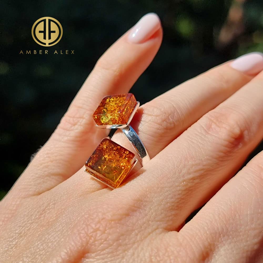 AMBER ALEX Cognac Amber Square Shape Adjustable Ring Sterling Silver, Genuine Baltic Amber.