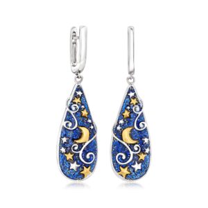 Ross-Simons Glittery Blue Enamel Celestial Hoop Drop Earrings in 2-Tone Sterling Silver