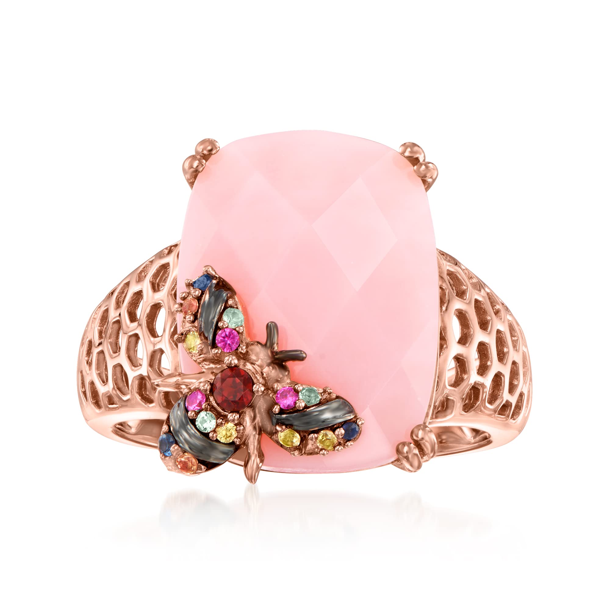 Ross-Simons Pink Opal Bumblebee Ring With .10 ct. t.w. Multicolored Sapphire and Garnet Accent in 18kt Rose Gold Over Sterling. Size 9