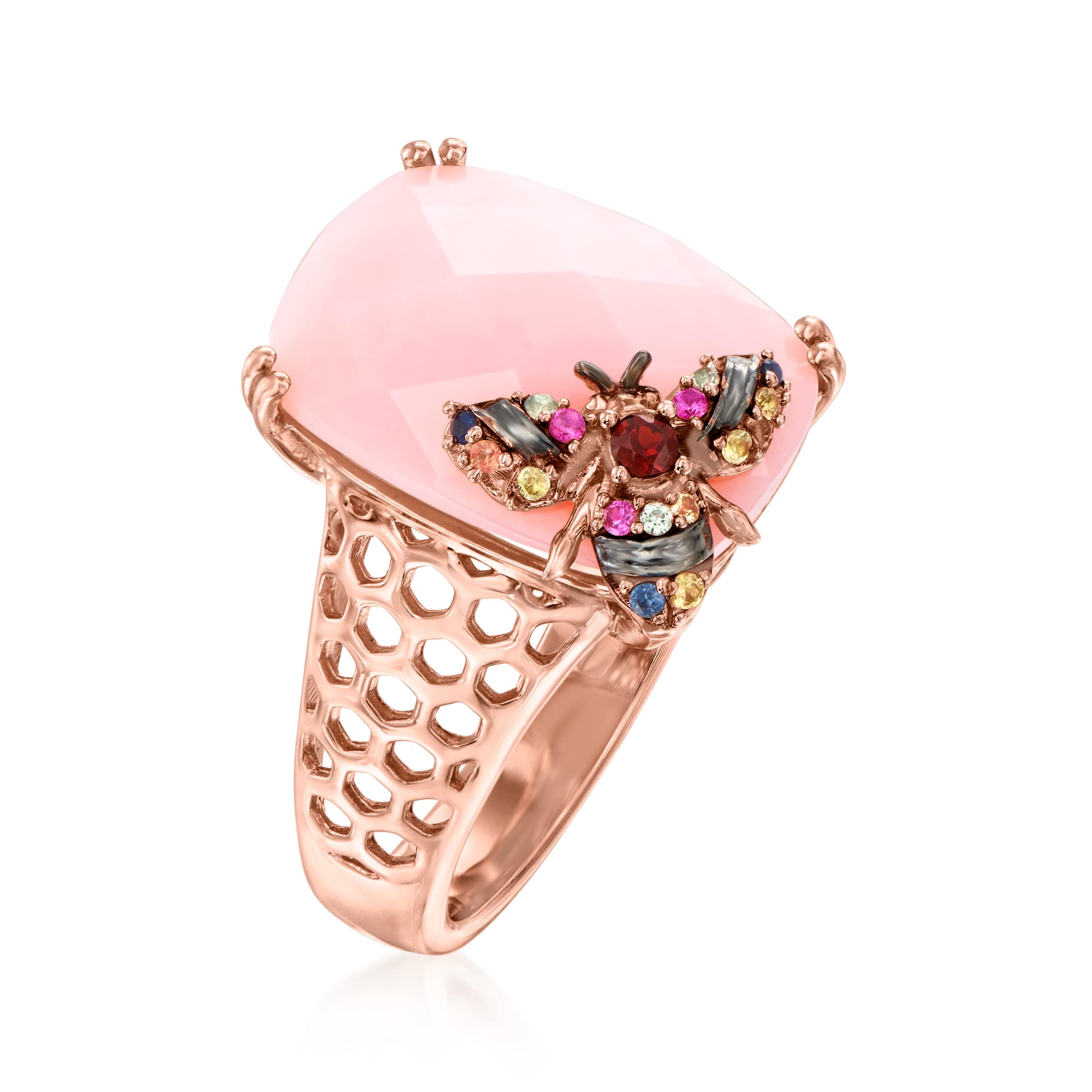 Ross-Simons Pink Opal Bumblebee Ring With .10 ct. t.w. Multicolored Sapphire and Garnet Accent in 18kt Rose Gold Over Sterling. Size 9