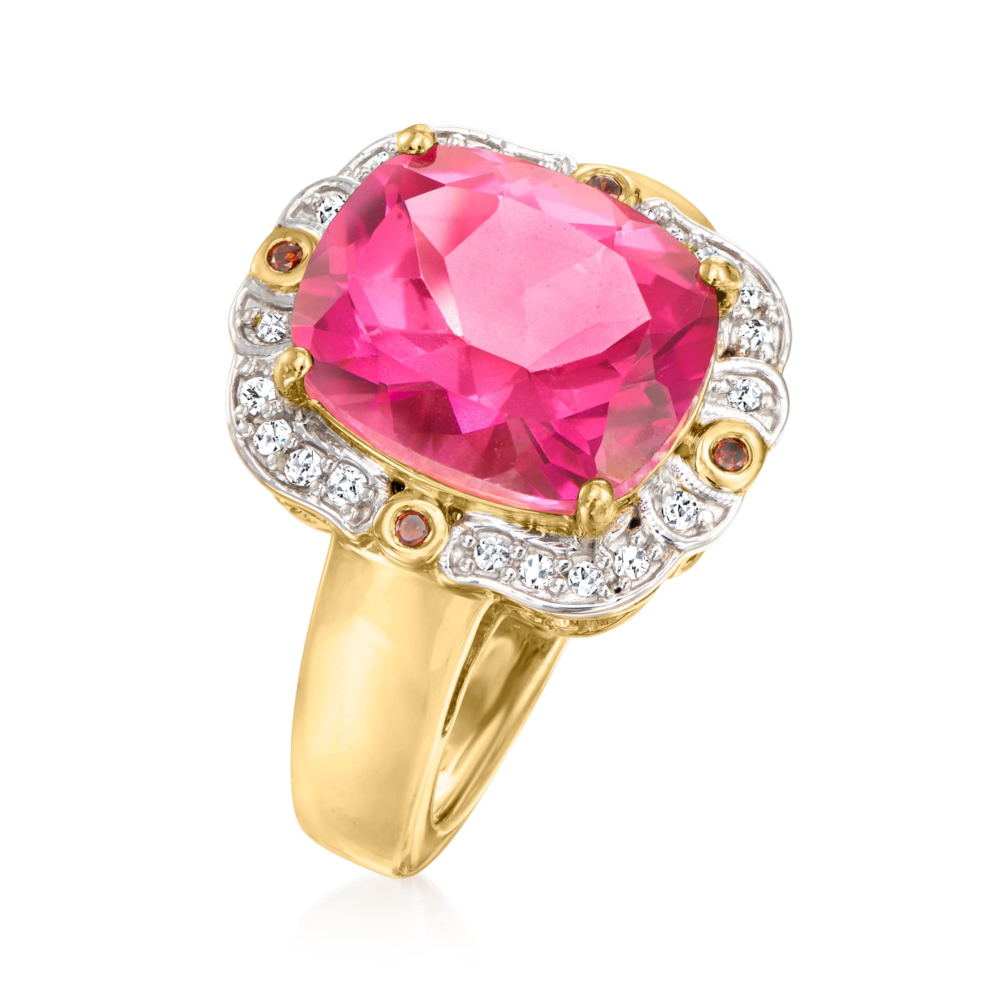 Ross-Simons 6.50 Carat Pink Topaz and .15 ct. t.w. Multicolored Diamond Ring in 18kt Gold Over Sterling. Size 8