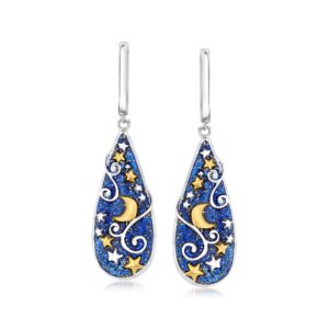 ross-simons glittery blue enamel celestial hoop drop earrings in 2-tone sterling silver