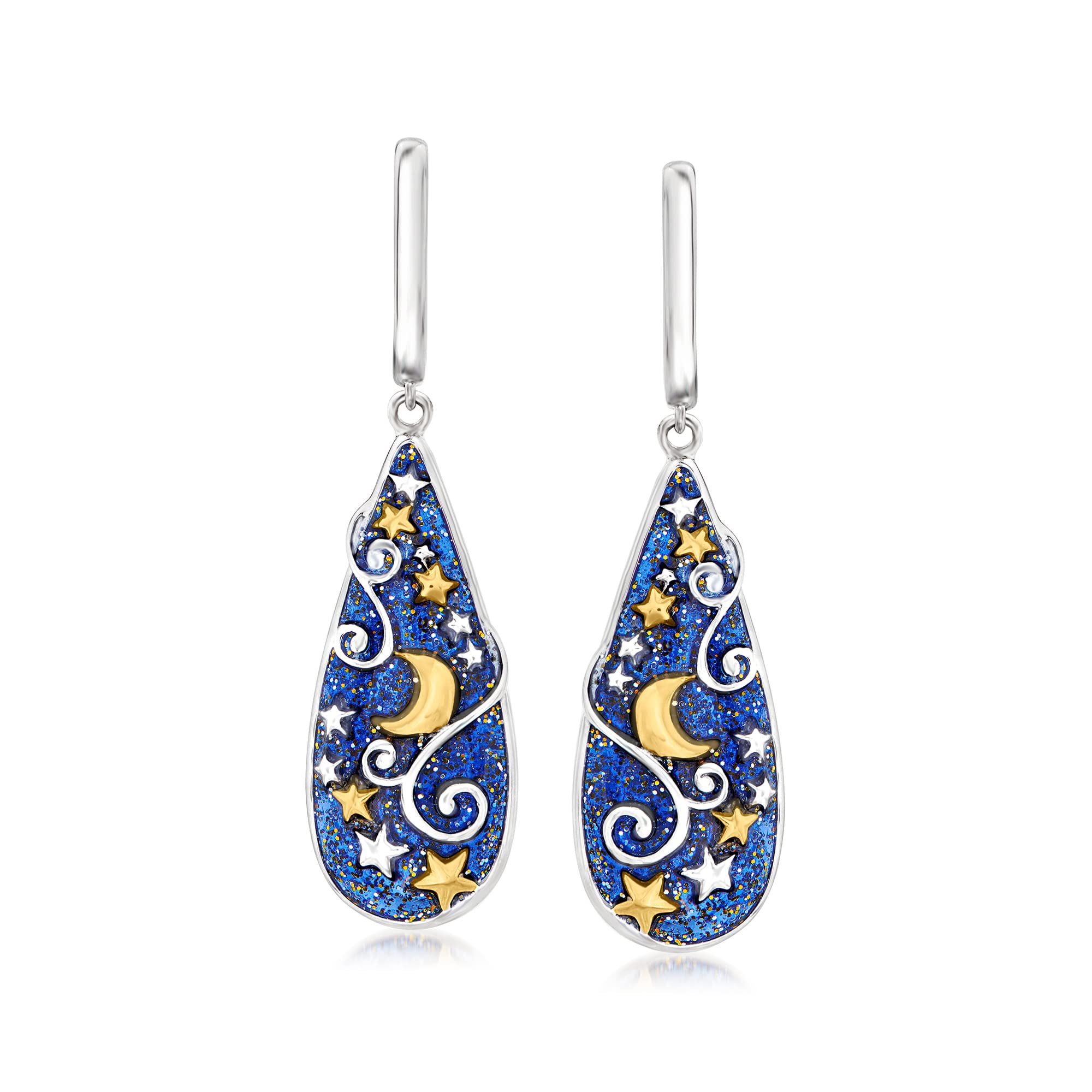 Ross-Simons Glittery Blue Enamel Celestial Hoop Drop Earrings in 2-Tone Sterling Silver