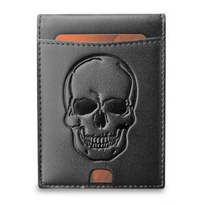 lazy skull minimalist wallet for men | slim and stylish skull bifold with removable money clip and rfid blocking technology | skull faux leather wallet for cash and cards and id