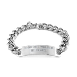 teller gifts for colleagues, keep calm or i will use my teller, cool teller cuban chain bracelet, engraved bracelet from friends, , unique teller gifts, unique bank teller gifts, unique gift for