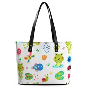 womens handbag frog and butterfly and flowers pattern leather tote bag top handle satchel bags for lady