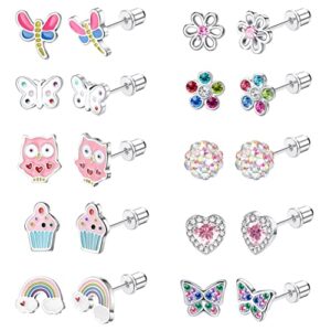 fasacco 10pairs hypoallergenic screw back earrings for women stainless steel cz heart butterfly ball stud earrings multicolored cat rainbow screwback stud earrings set over 3 years old