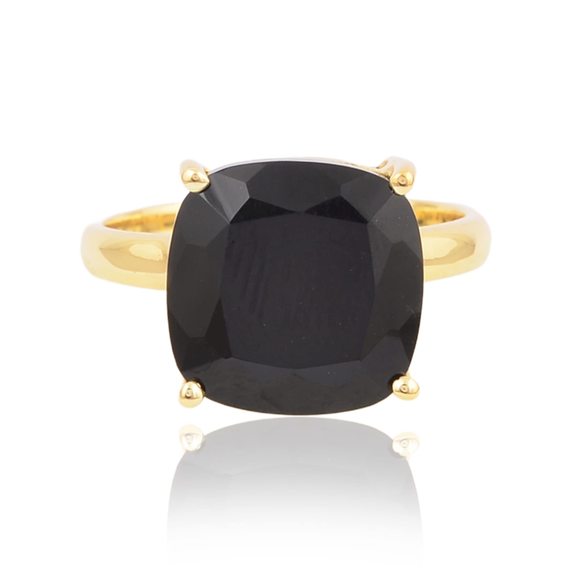 Black Onyx Ring, 12mm Cushion Gemstone Ring, Gold Plated Ring, 925 Solid Silver Ring, Gift for Bridesmaid, Women Ring (Gold Plated, 4.5 US)