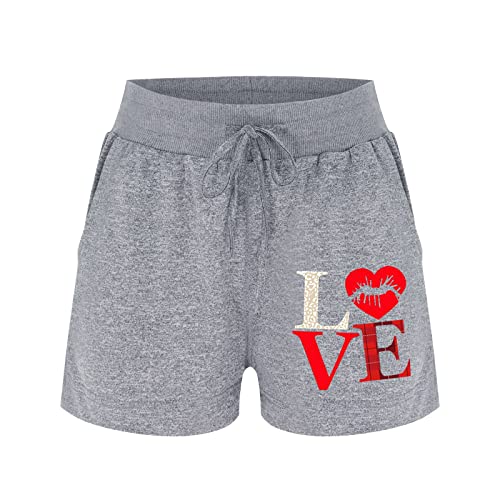 Running Shorts for Women Comfy Drawstring Elastic Waist Pocket Valentines Day Stretchy Sports Athletic Shorts Lounge Pants Biker Shorts Women (Grey,XXL)