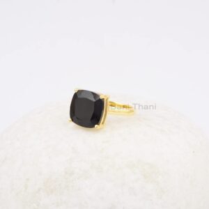 Black Onyx Ring, 12mm Cushion Gemstone Ring, Gold Plated Ring, 925 Solid Silver Ring, Gift for Bridesmaid, Women Ring (Gold Plated, 4.5 US)