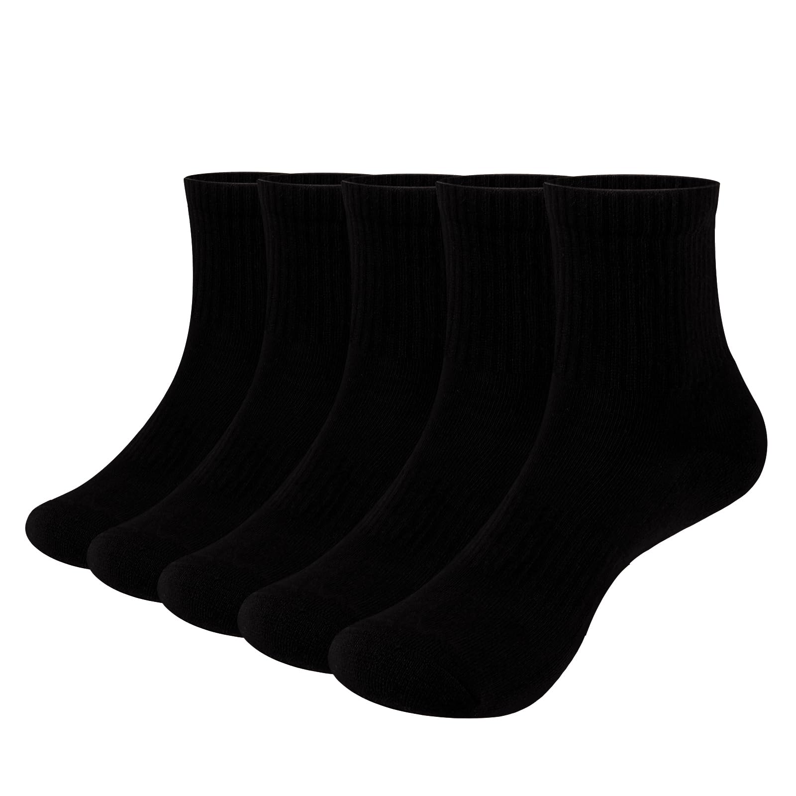 YUEDGE Womens Black Ankle Training Athletic Socks Moisture Wicking Cotton Cushioned Quarter Socks for Women 9-12, 5 Pairs/Pack