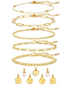 vimcupq gold chain bracelets set for women, 18k gold plated charm bracelet dainty adjustable stackable bracelets trendy layered link pearl heart lucky clover charms bracelets