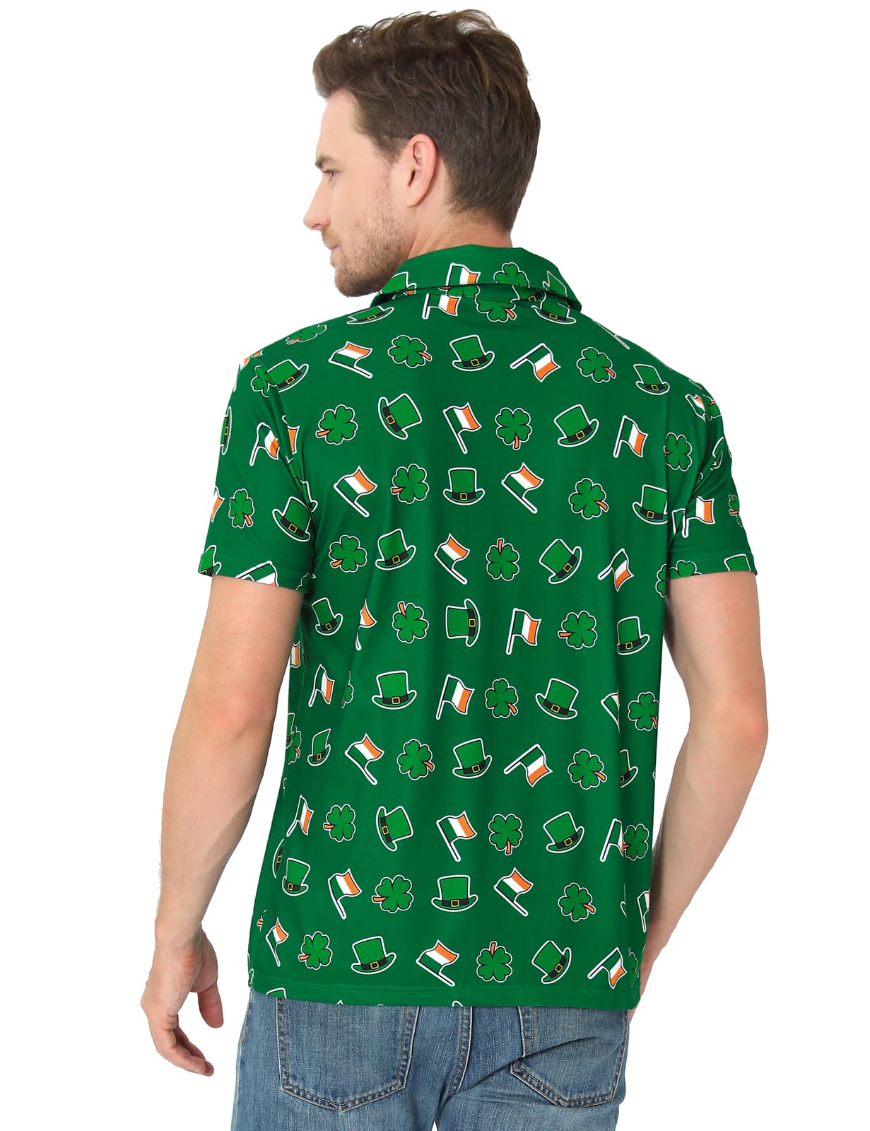 Men's Saint Patricks Day Polo Shirt Irish Shamrock Four Leaf Lucky Clover Short Sleeve Golf Top, Dark Green, Medium