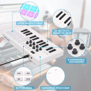 25 Key Bluetooth USB MIDI Keyboard Controller With 8 Backlit Drum Pads, Portable Rechargeable Dynamic Keybed 8 Knobs and Music Production, Smart Chord, Scale Modes, Software Included (White)