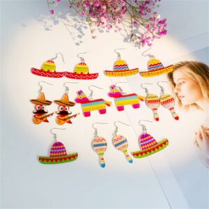 Dreuyet 7 Pairs Cinco De Mayo Earrings for Women Mexican Themed Acrylic Earrings Funny Fiesta Pepper racket Rainbow Horse Hat Earrings Mexican Festival Jewelry Gifts (Cinco De Mayo Earrings)