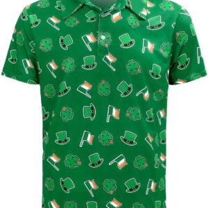 Men's Saint Patricks Day Polo Shirt Irish Shamrock Four Leaf Lucky Clover Short Sleeve Golf Top, Dark Green, Medium