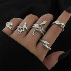 zeshimb snake rings set open serpent stacking rings gothic animal band rings vintage silver adjustable knuckle ring set jewelry for women girls (5 pcs)