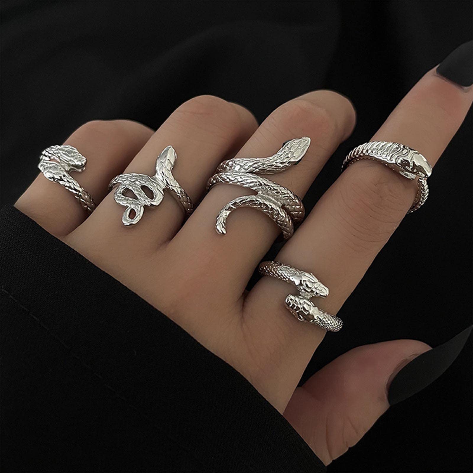 Zeshimb Snake Rings Set Open Serpent Stacking Rings Gothic Animal Band Rings Vintage Silver Adjustable Knuckle Ring Set Jewelry for Women Girls (5 Pcs)