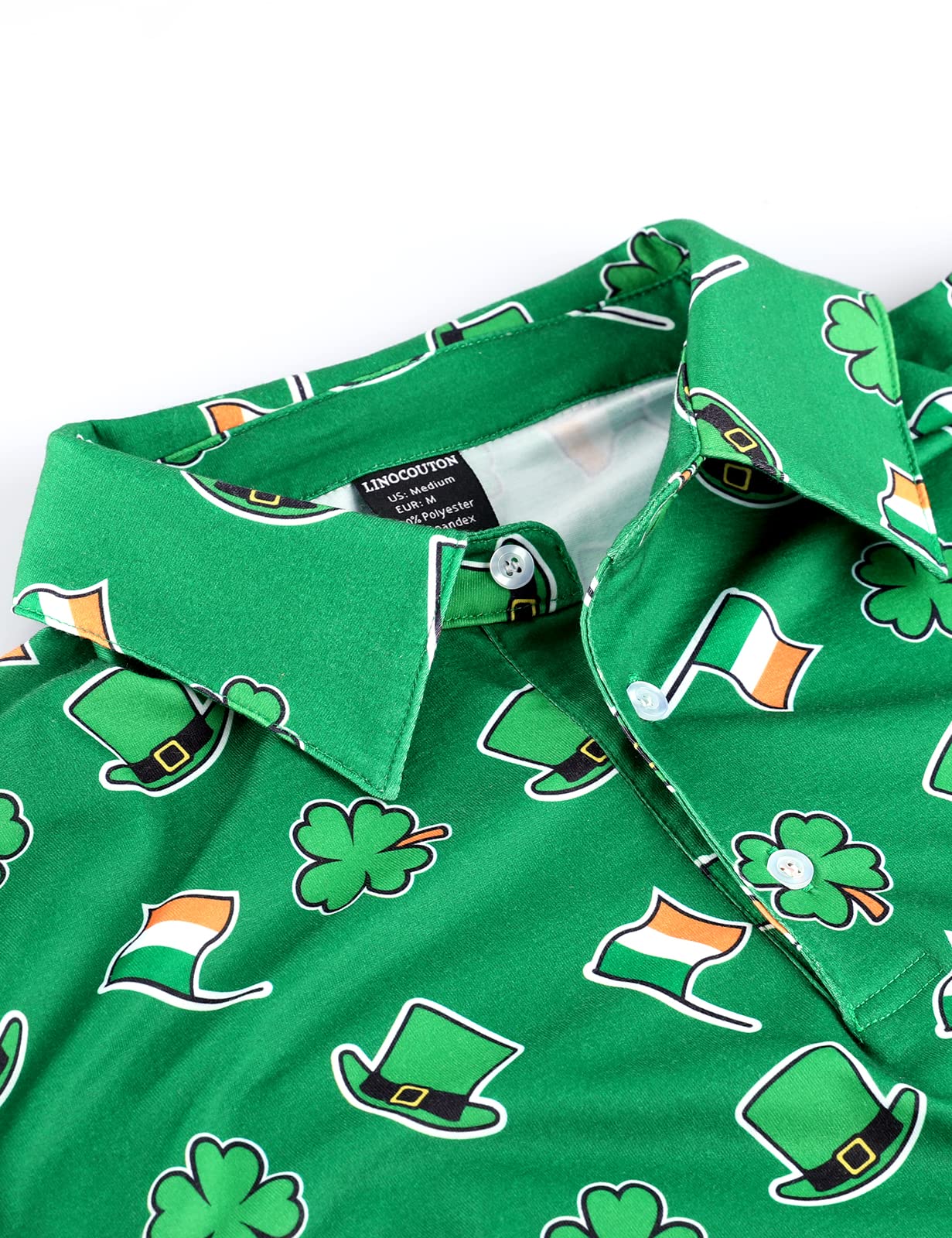 Men's Saint Patricks Day Polo Shirt Irish Shamrock Four Leaf Lucky Clover Short Sleeve Golf Top, Dark Green, Medium