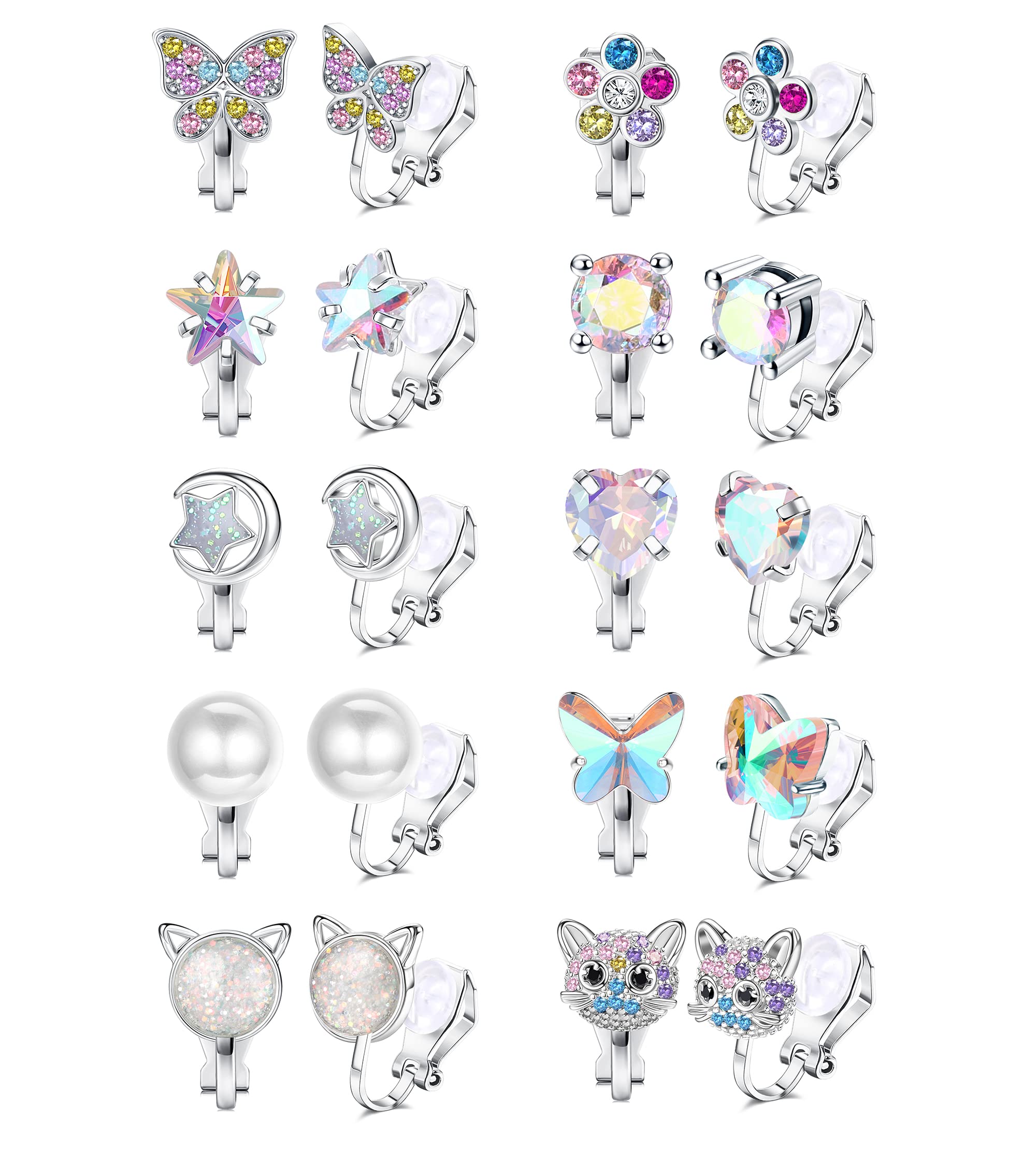 Thunaraz 10 Pairs Cute Clip on Earrings for Women Hypoallergenic Butterfly Flower Pearl CZ Clip-on Women Multicolored Non-Pierced Earrings Set