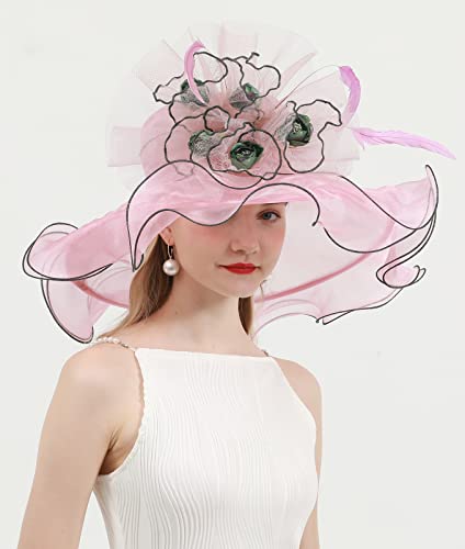 TLMNU Women Derby Church Hat Organza Flower Wedding Tea Party Fascinator Hat Wide Brim Sun Hat A2-Pink with Flower