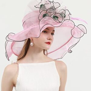 TLMNU Women Derby Church Hat Organza Flower Wedding Tea Party Fascinator Hat Wide Brim Sun Hat A2-Pink with Flower