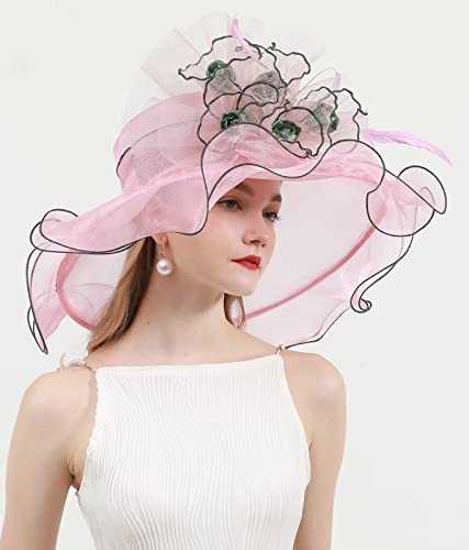 TLMNU Women Derby Church Hat Organza Flower Wedding Tea Party Fascinator Hat Wide Brim Sun Hat A2-Pink with Flower