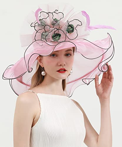 TLMNU Women Derby Church Hat Organza Flower Wedding Tea Party Fascinator Hat Wide Brim Sun Hat A2-Pink with Flower