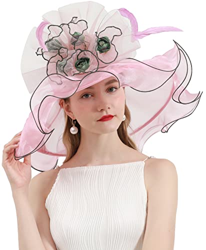 TLMNU Women Derby Church Hat Organza Flower Wedding Tea Party Fascinator Hat Wide Brim Sun Hat A2-Pink with Flower