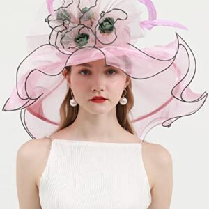 TLMNU Women Derby Church Hat Organza Flower Wedding Tea Party Fascinator Hat Wide Brim Sun Hat A2-Pink with Flower