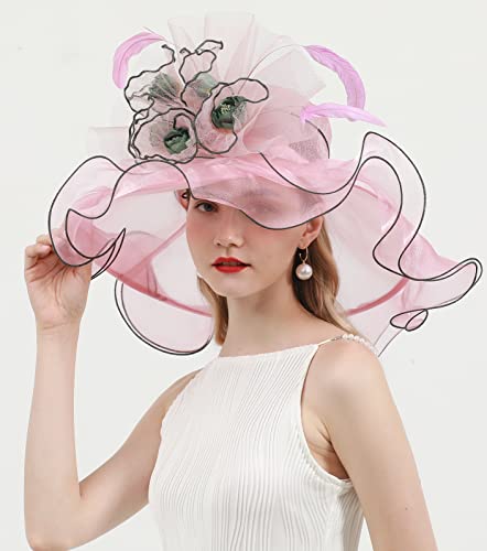 TLMNU Women Derby Church Hat Organza Flower Wedding Tea Party Fascinator Hat Wide Brim Sun Hat A2-Pink with Flower