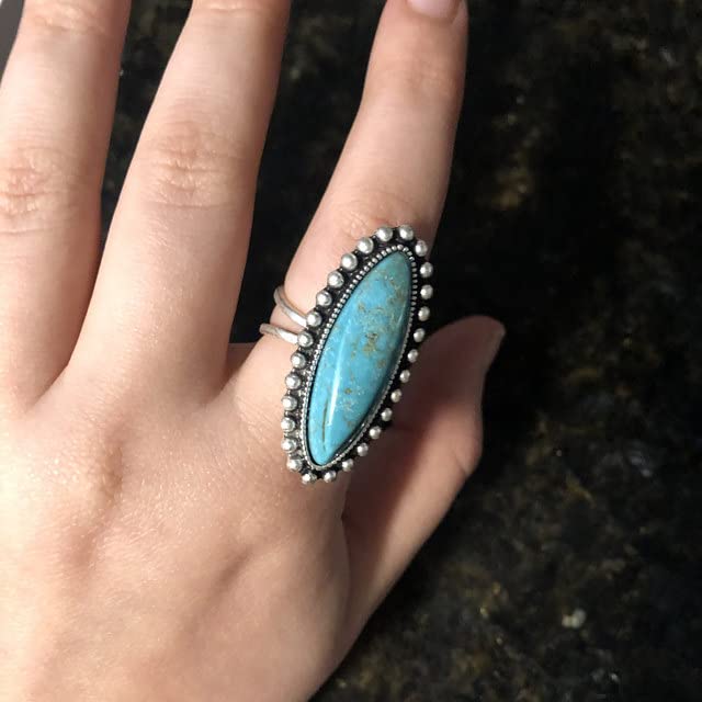 SUKKCCNO Vintage 925 Sterling Silver Open Ring Marquise Cut Natural Bohemia Turquoise Jewelry, Chic Hand Made Jewelry Adjustable Turquoise Moonstone Ring Wedding Ring for Women Gift