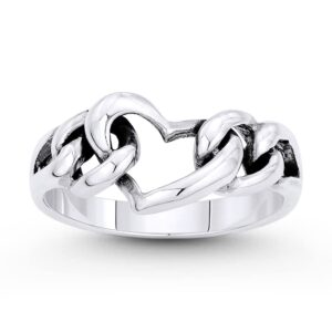 alfred & vincent heart, curb links, splitshank band love charm ring in oxidized .925 sterling silver - sz 8