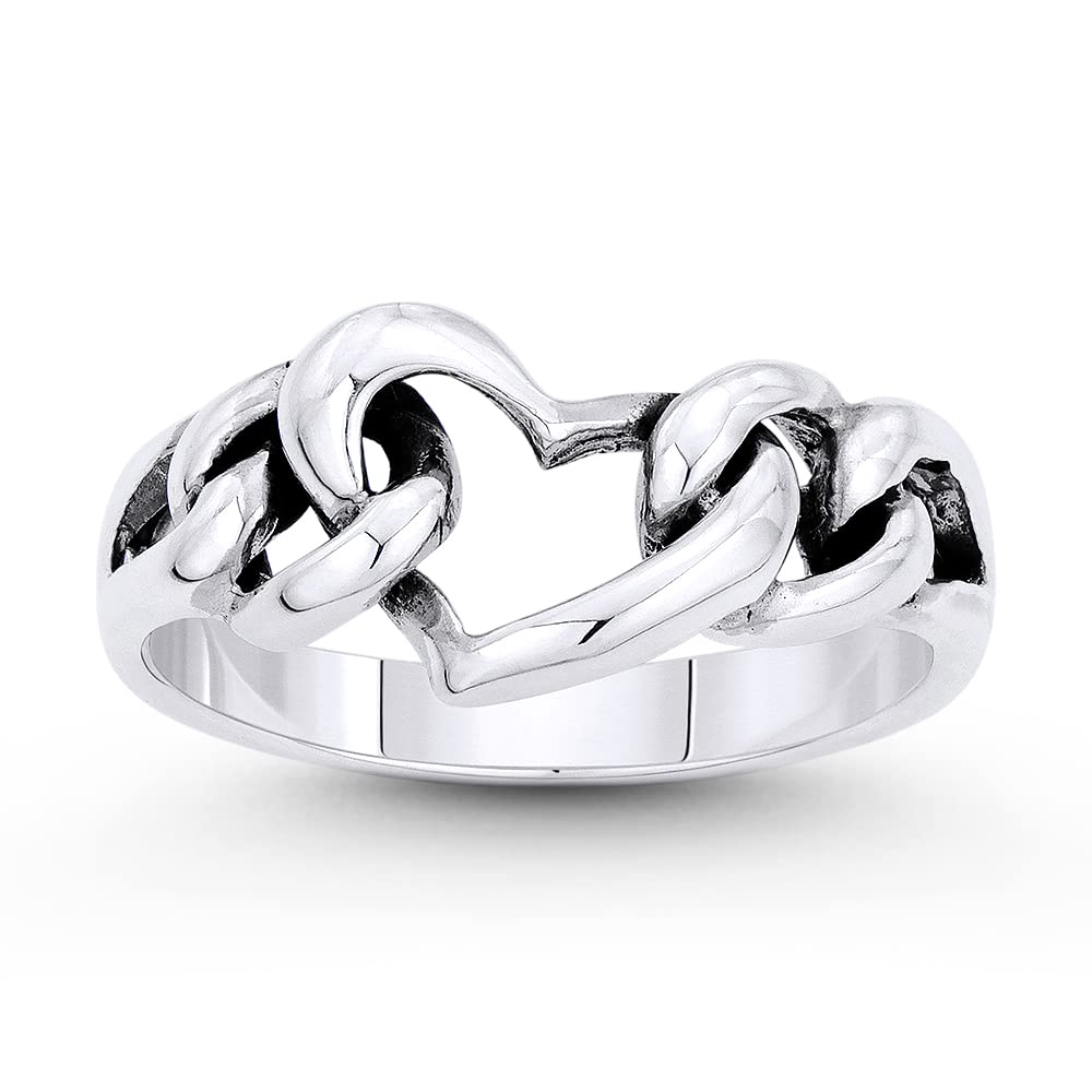 Alfred & Vincent Heart, Curb Links, Splitshank Band Love Charm Ring in Oxidized .925 Sterling Silver - Sz 8