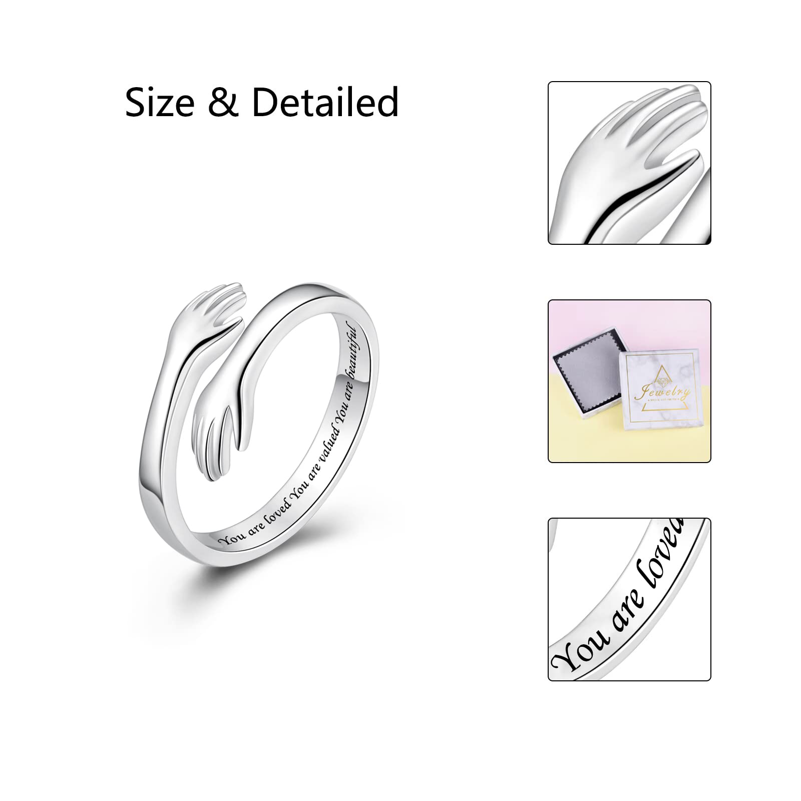 ACJFA Hug Rings for Women Sterling Silver Adjustable Ring for Women Daughter Hand Ring Jewelry for Birthday Gifts Holiday Gift for Women Teens(You are loved You are valued You are beautiful)