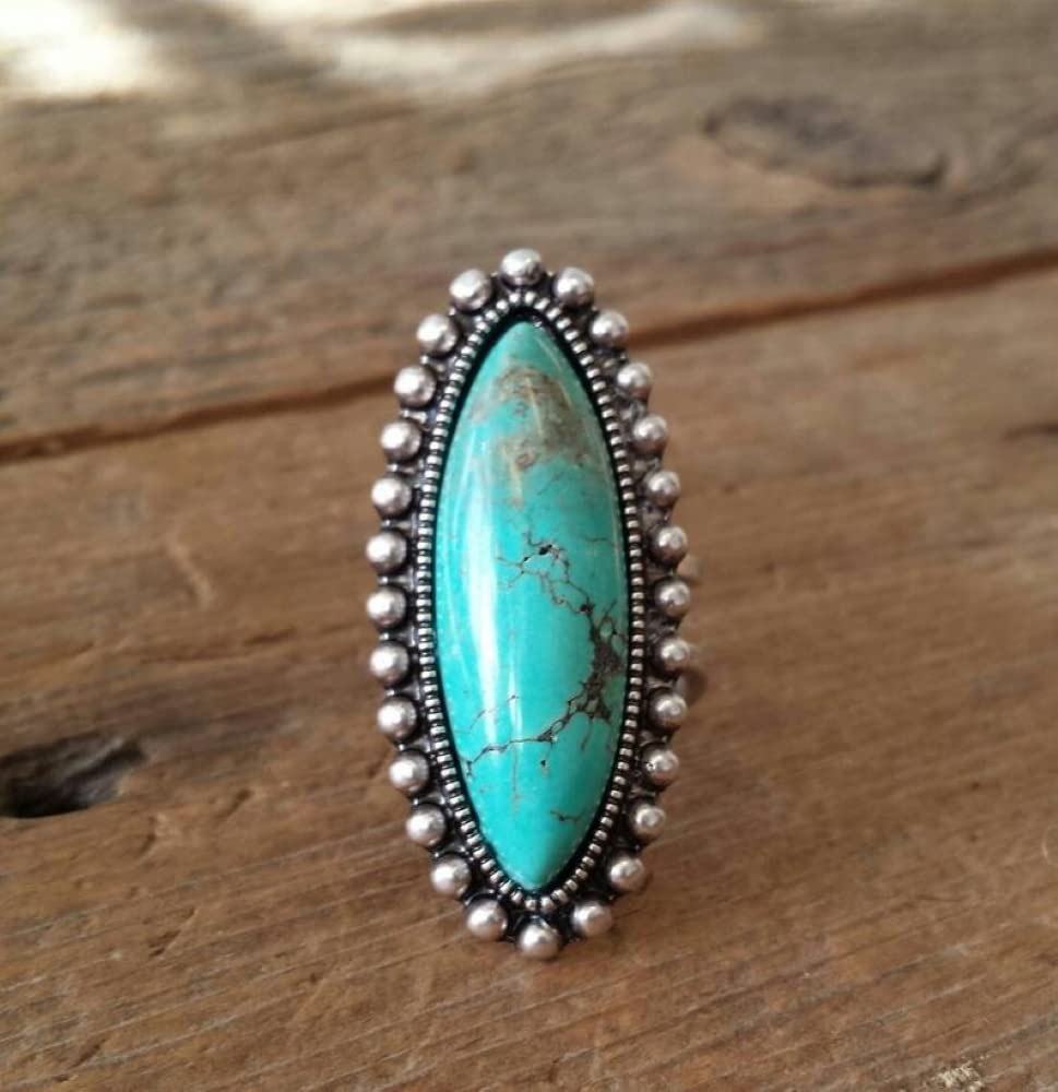 SUKKCCNO Vintage 925 Sterling Silver Open Ring Marquise Cut Natural Bohemia Turquoise Jewelry, Chic Hand Made Jewelry Adjustable Turquoise Moonstone Ring Wedding Ring for Women Gift