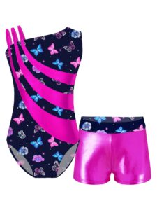 yeahdor kids girls gymnastic ballet dance leotard print leotard with shiny boyshort set one shoulder bodysuit sets printed hot pink 14 years